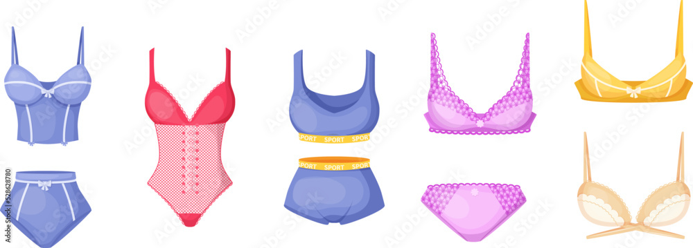 Set of silk and cotton underwear for women. Different types of ...