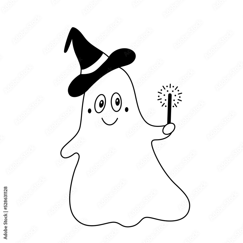 Cute friendly ghost with magic wand and witch cap on head. Doodle style ...