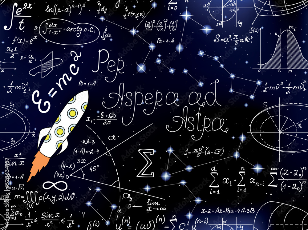 Scientific Vector Seamless Pattern With Math Formulas Rockets And Plots On The Starry Space