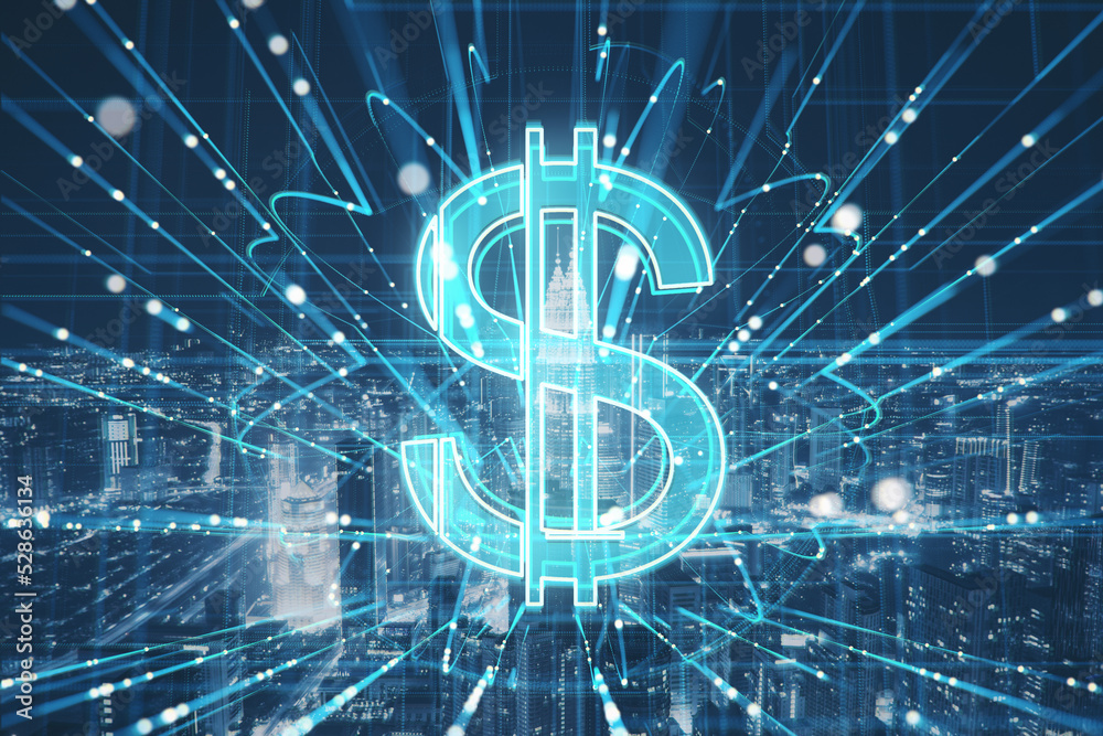 Creative glowing dollar hologram with metaverse lines on blurry blue ...