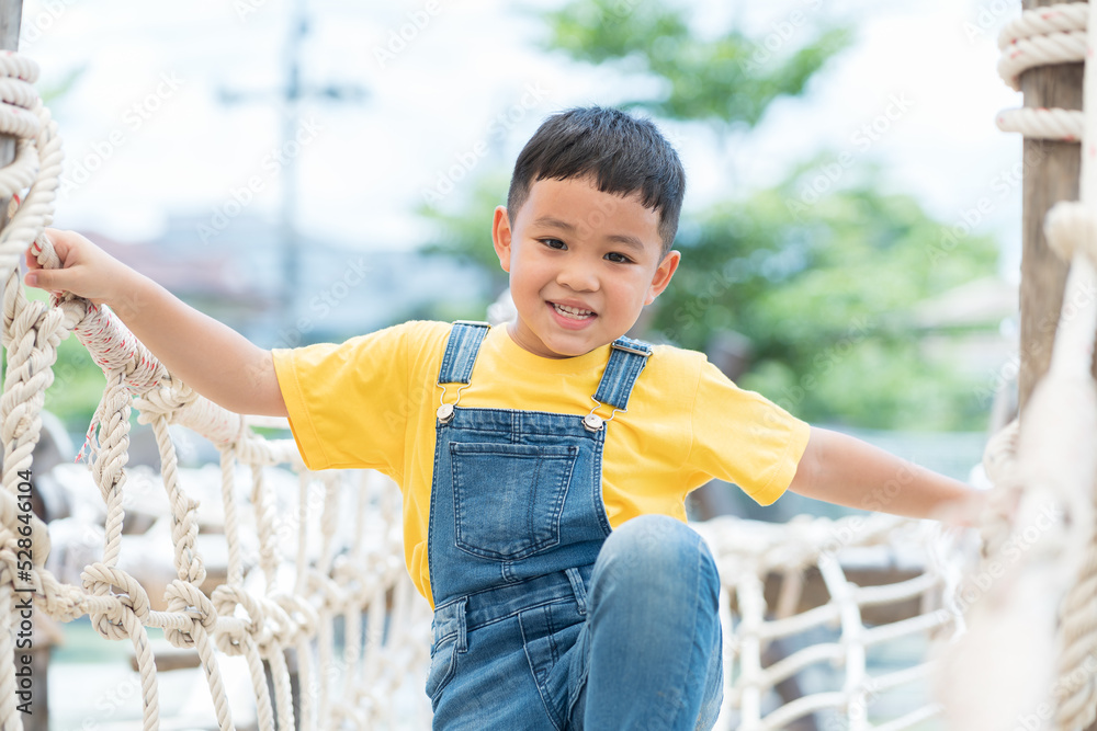 Portrait of little boy playing on rope net bridge at the playground ...