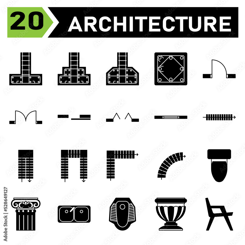 Architecture symbol icon set include pad, footing, structure, stepped ...