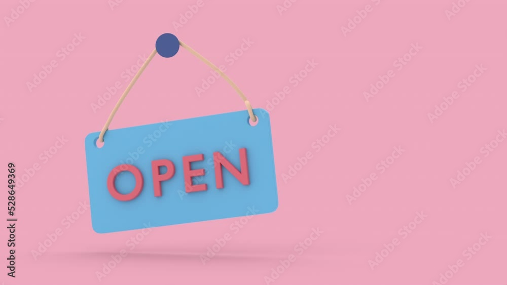 Graphic animation of plate with inscription OPEN. It swings in ...