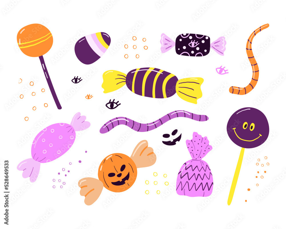 Set of different colorful Halloween candies. Collection of cute caramel ...
