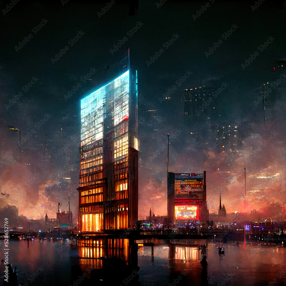 metaverse buildings, reflections, octane render, big city with a lot of ...