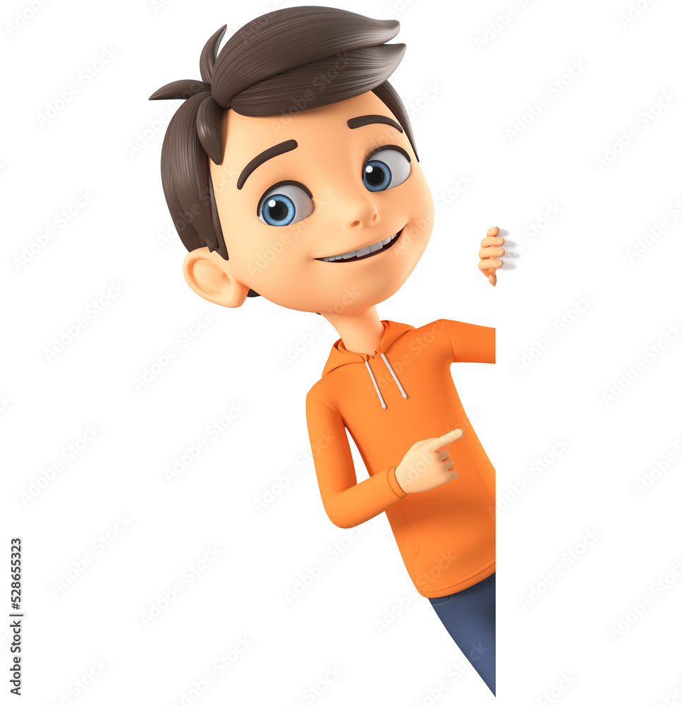 Cartoon character boy pointing his thumb at a blank board against white ...