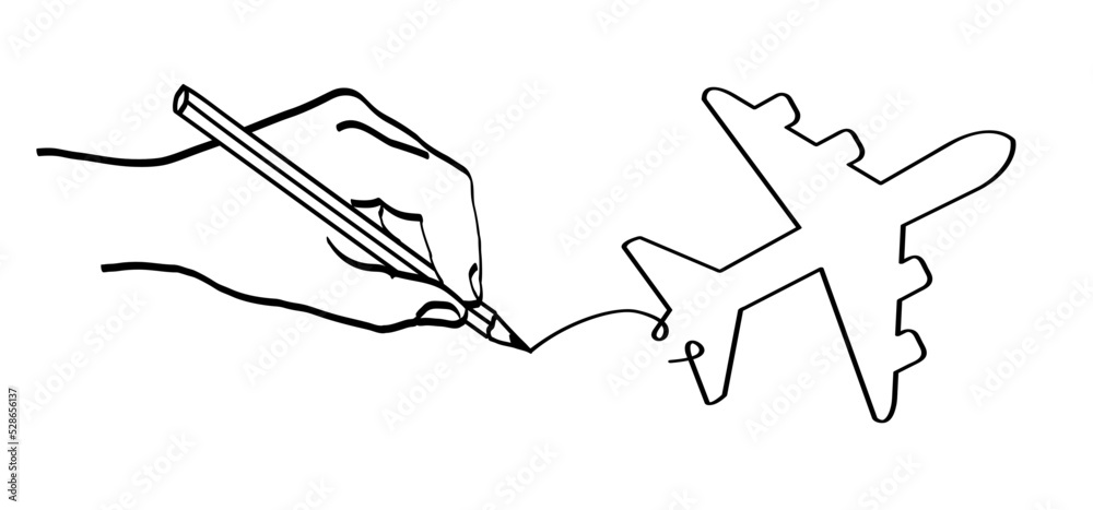 Hand drawing soaring air plane line path. Take Off airplane, flight ...