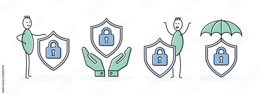Locked, security and protection vector set. Stickman with security ...