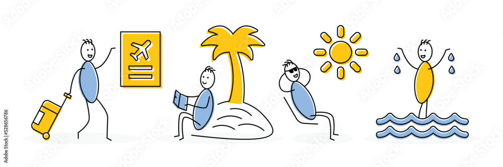 Travel symbol set. Containing stickman with passport, island, relaxing ...