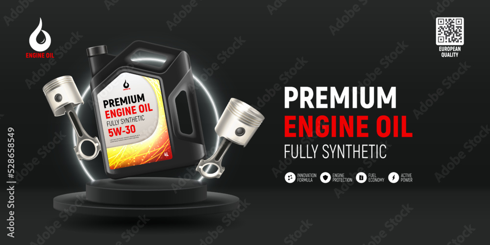 Engine oil advertising banner. Realistic vector illustration with ...