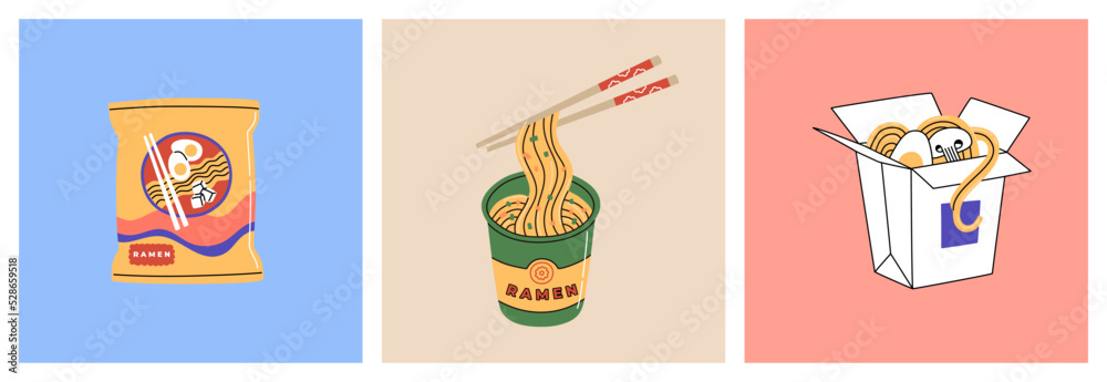 Set of ramen noodle soup. Traditional asian food in cup, box and ...