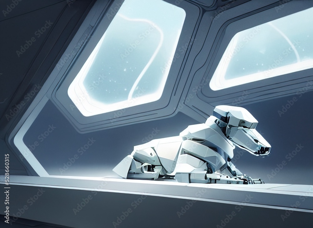 Cute mechanical cyborg dog sitting near a spaceship window with view of ...