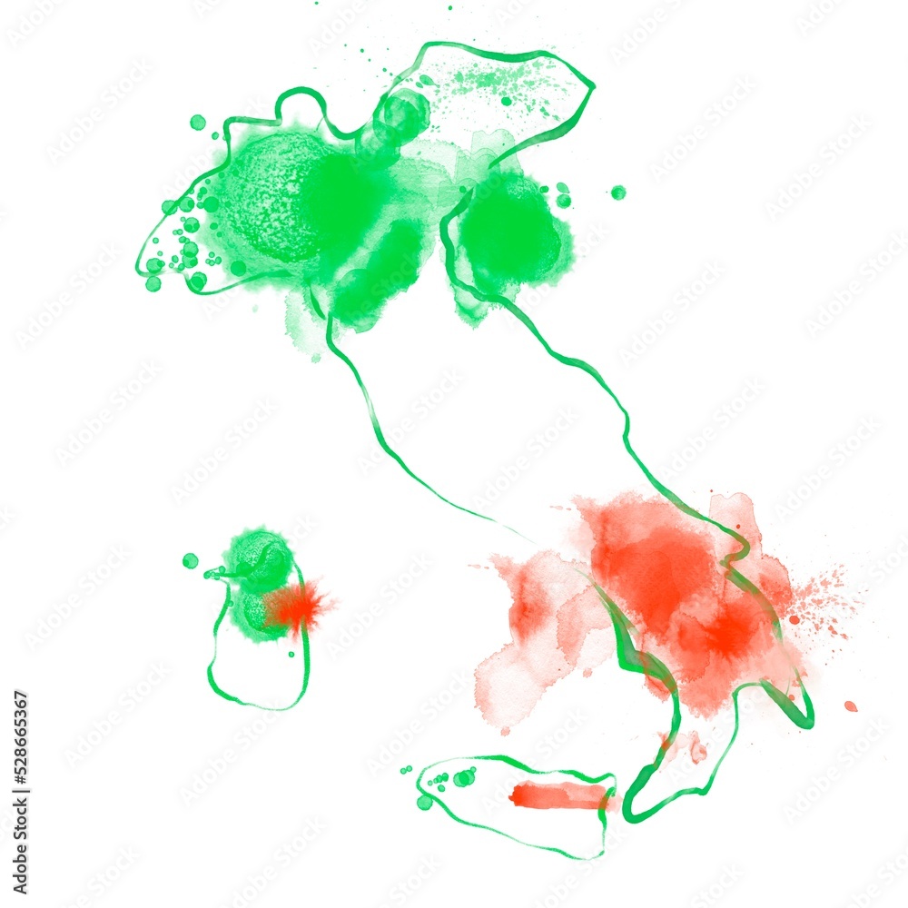 watercolor paint splashes. Italy map line art in colors of flag of ...