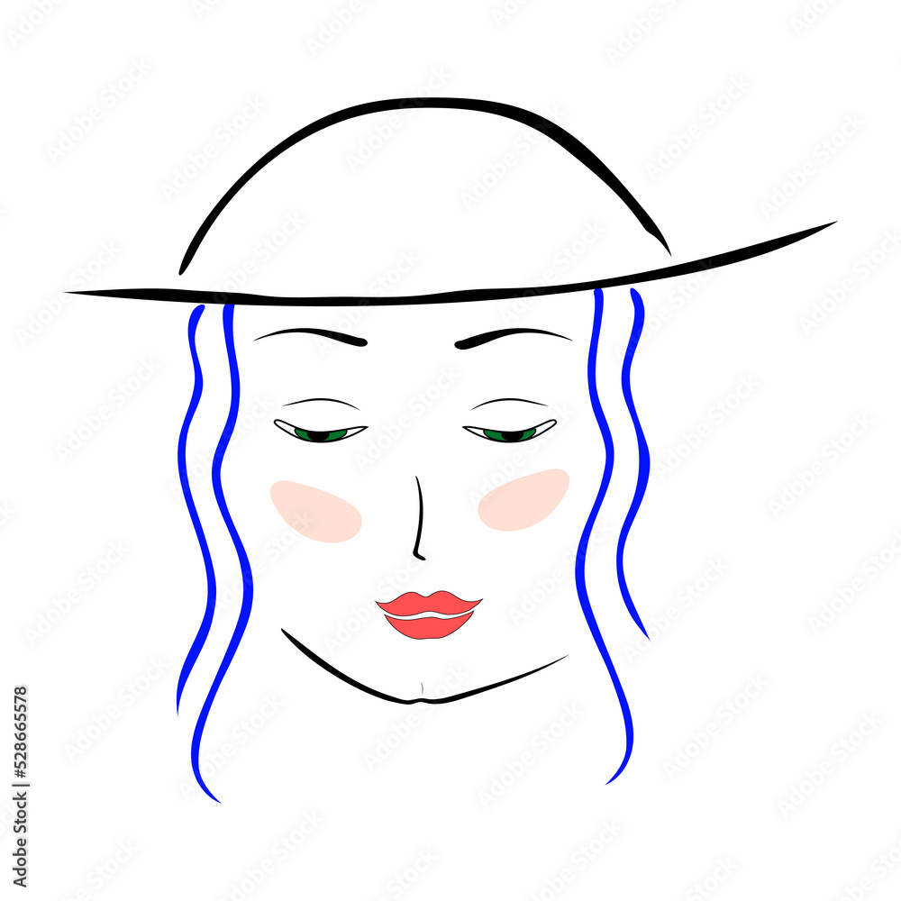 Illustration of a beautiful female face in a hat hand-drawn. Stylish ...