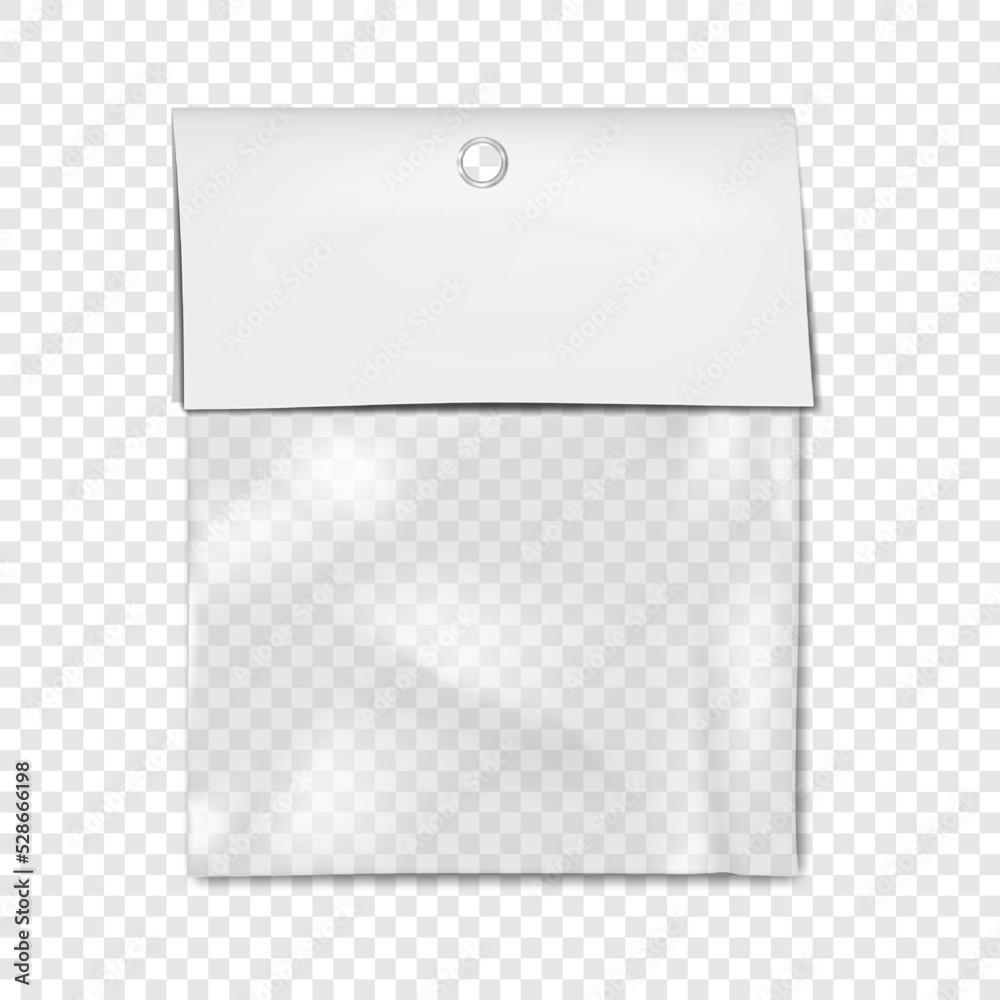 Empty square clear plastic pouch bag with white blank paper top and ...