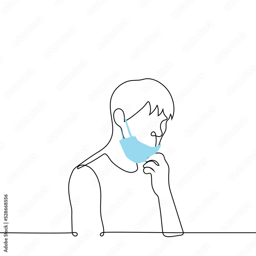 man pulls off protective mask from face - one line drawing vector ...