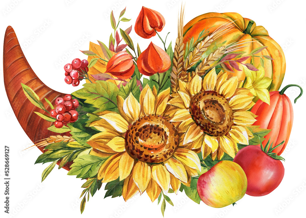 Watercolor cornucopia on an isolated white background, watercolor ...