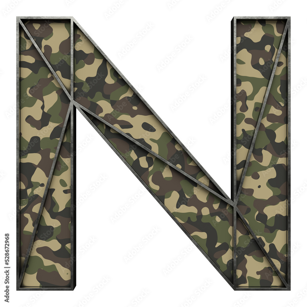 Letter N made of used metal frame with camouflage inside, isolated on ...