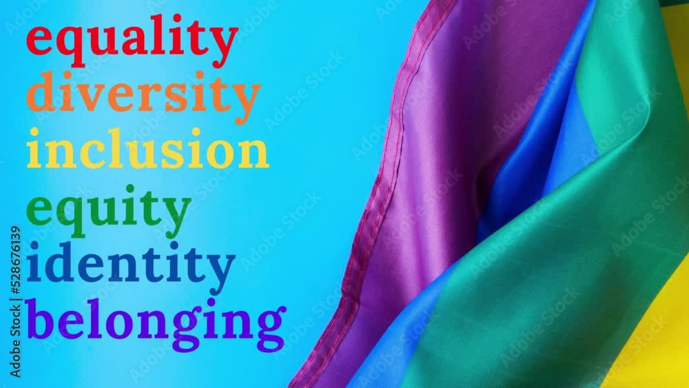 4k zoom in out Rainbow flag with text EQUALITY DIVERSITY INCLUSION ...