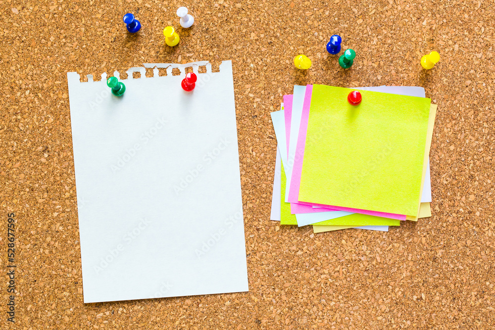 abstract paper note pin on cork board. cork board with blank notes ...