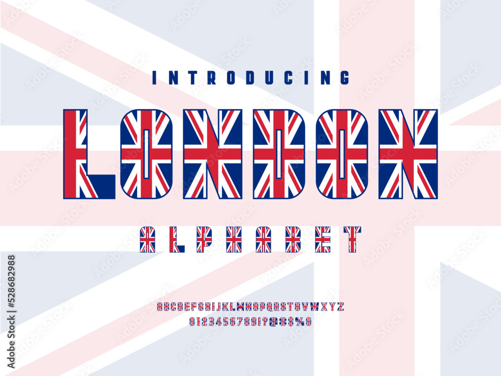 united kingdom flag alphabet design with uppercase, numbers and symbols ...