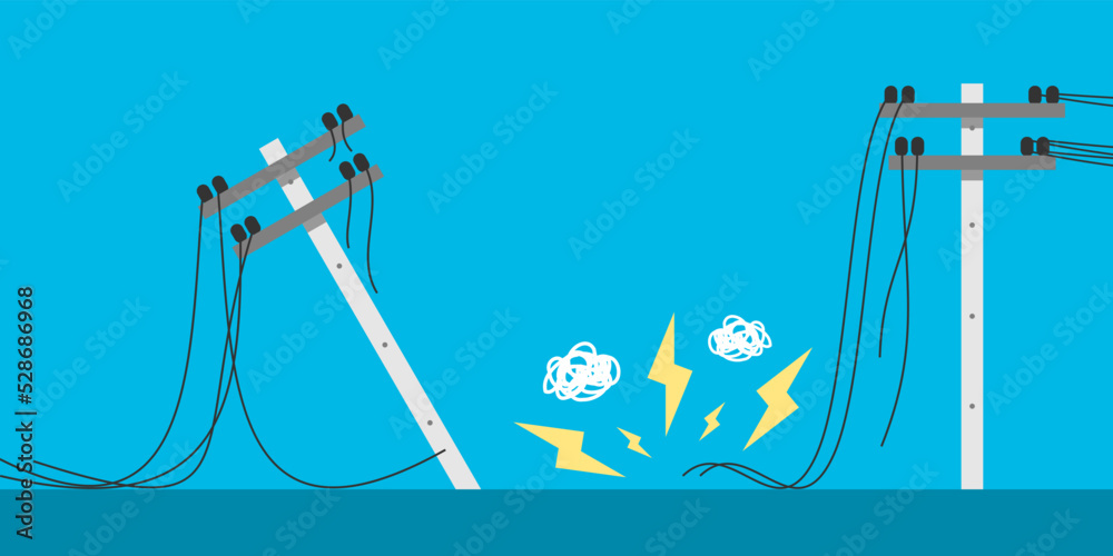 Broken electric wire of high voltage pole is damaged and short circuit ...