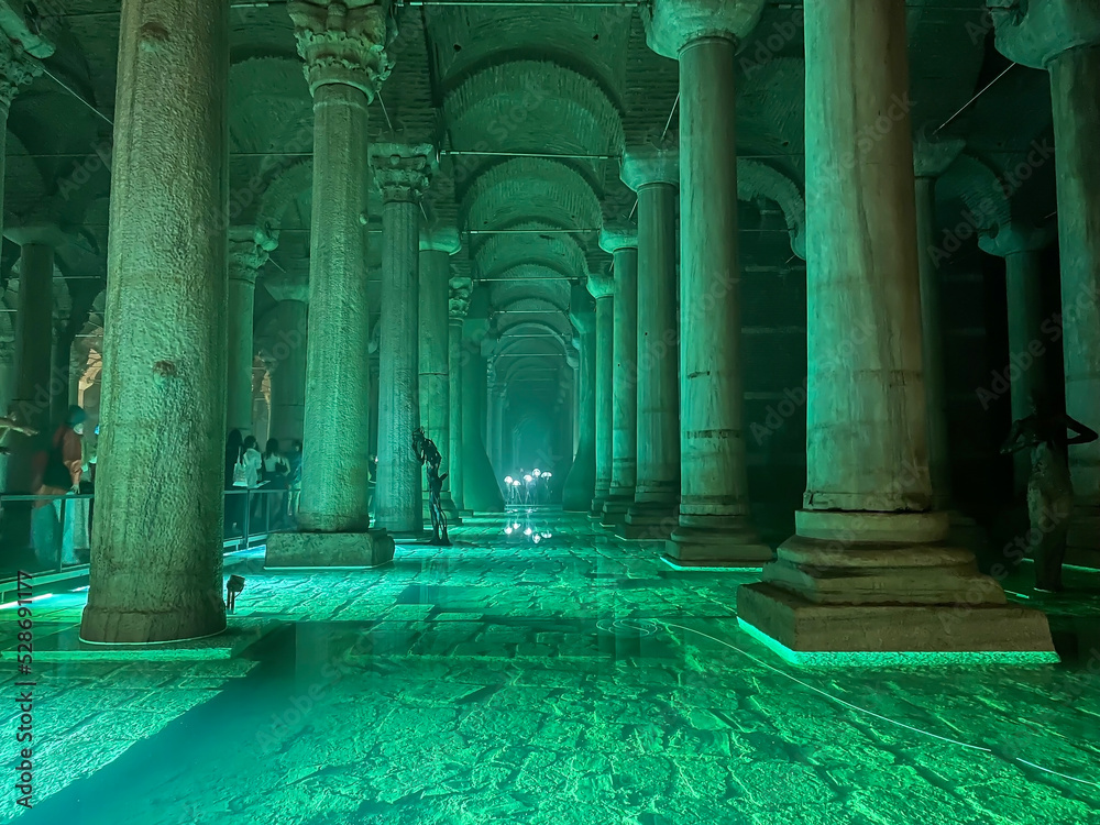 Basilica Cistern with green ambient lights. AKA Yerebatan Sarnici ...