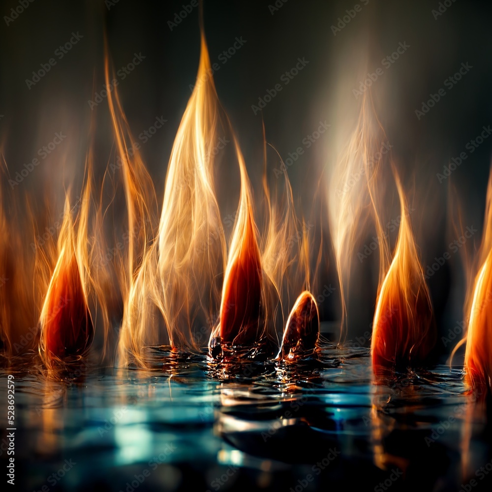 Fire on water. Burning fire on black background with cinematic ...