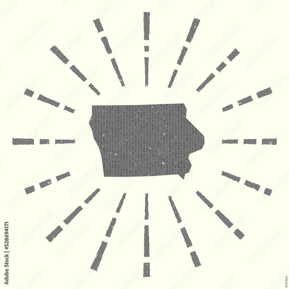 Iowa Logo. Grunge sunburst poster with map of the us state. Shape of ...