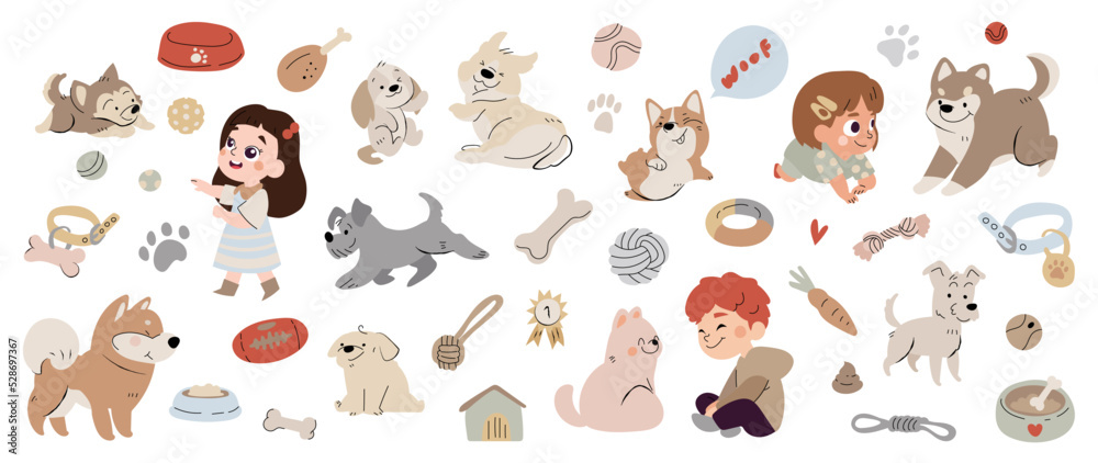 Set of cute kids and dog vector. Lovely dog and friendly puppy doodle ...