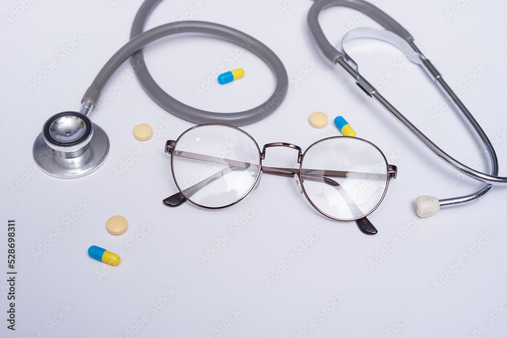 tools medical and drug in the panel background concept. space for ...