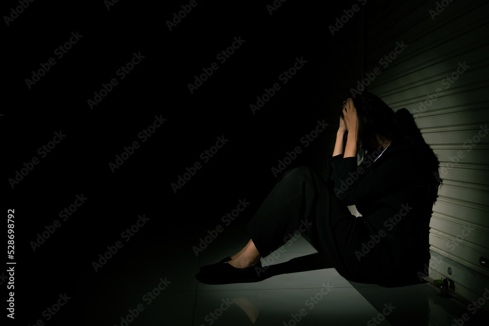 Woman depressed from sad stress pain despair problem, person sit on ...