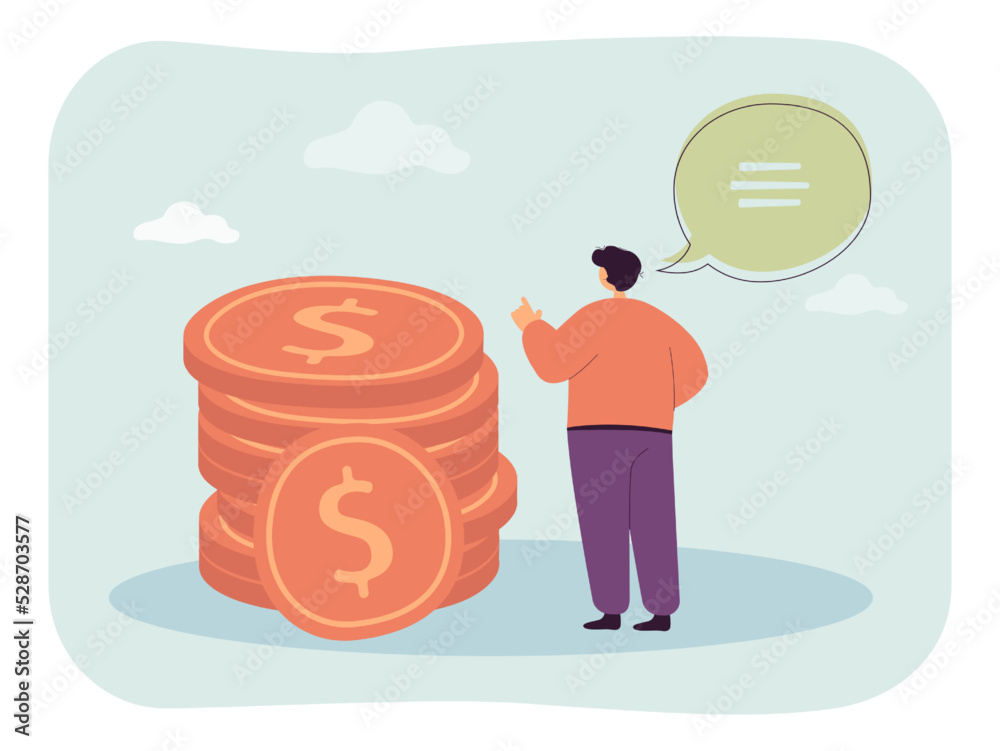 Tiny man looking at huge pile of gold coins. Back view of male cartoon ...