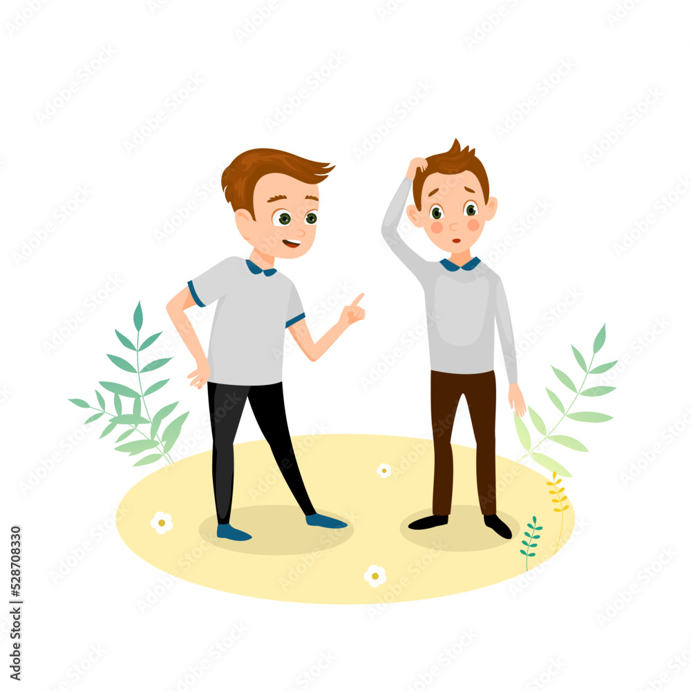 Vector cartoon illustration of two boys. One boy thinks about the ...