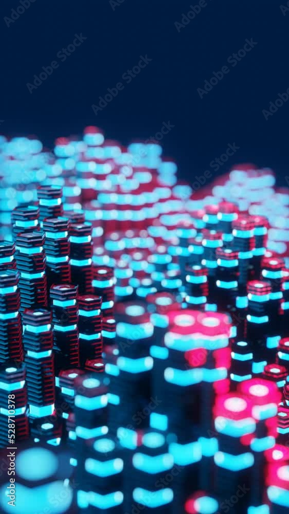 Vertical 3D rendered loop video with moving hexagonal columns in neon ...