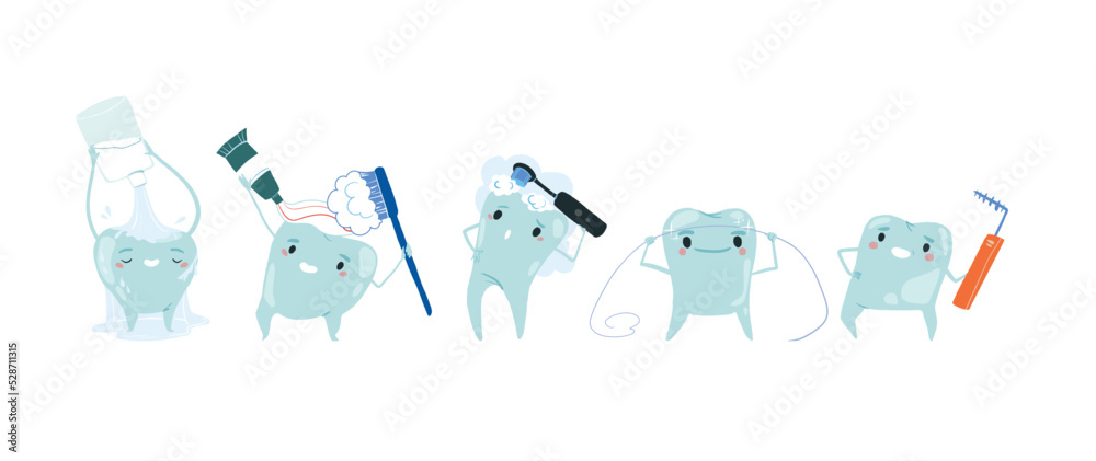 Cartoon teeth set. Clean teeth with mouthwash in flat design. Smiling ...