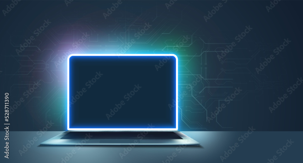 A portable neon computer with a blank screen and a desk in a dark room ...