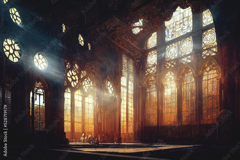 Palace interior with high stained-glass windows made of multi-colored ...