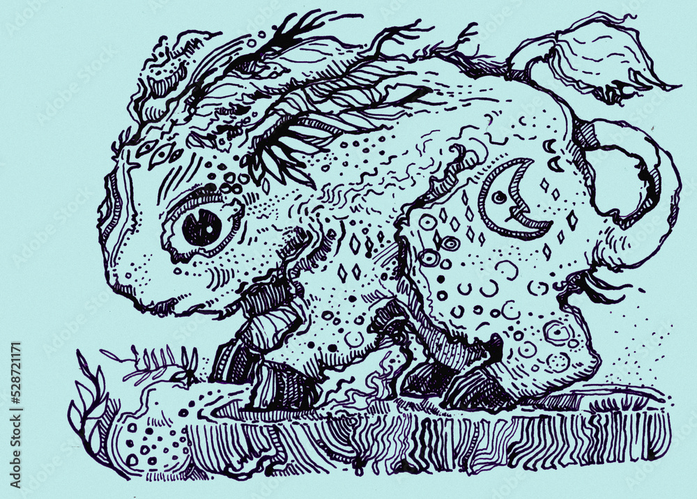 Ink doodle illustration with monsters. Magic abstract art. Can be used ...