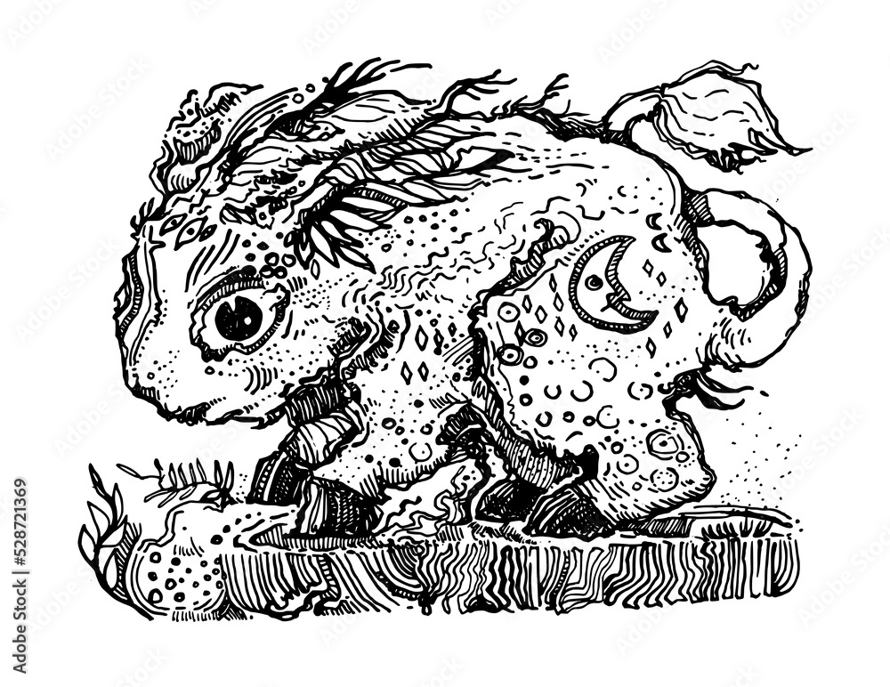 Ink doodle illustration with monsters. Magic abstract art. Can be used ...