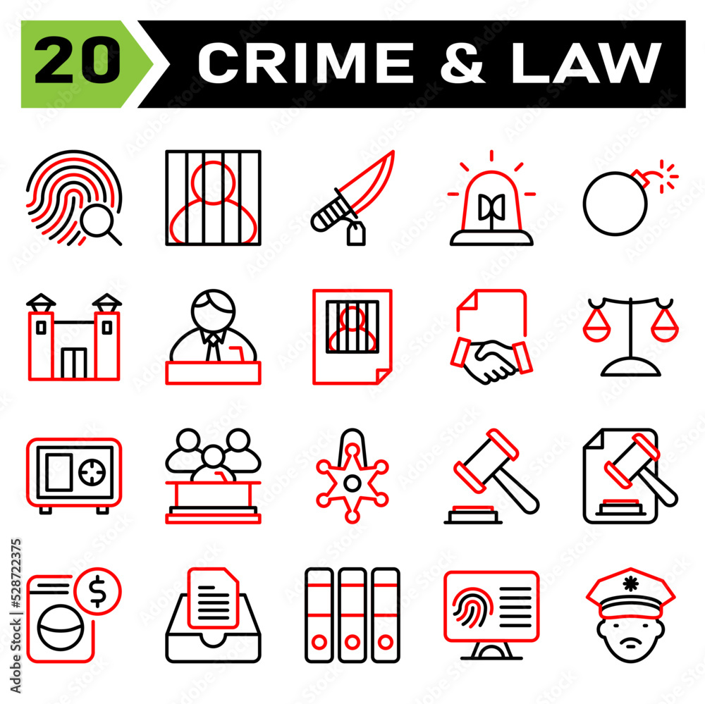 Crime and Law icon set include fingerprint, identification ...