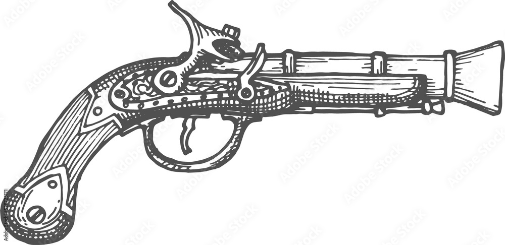 Poster Old pirate gun isolate firelock musket sketch icon – Wall Art ...