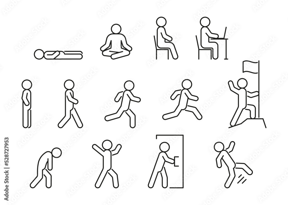 People line icon in different posture, human various action poses. Lie ...