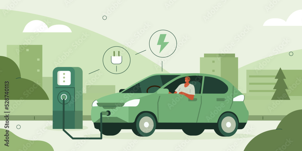 Character charging electric car battery near recharge station in modern ...