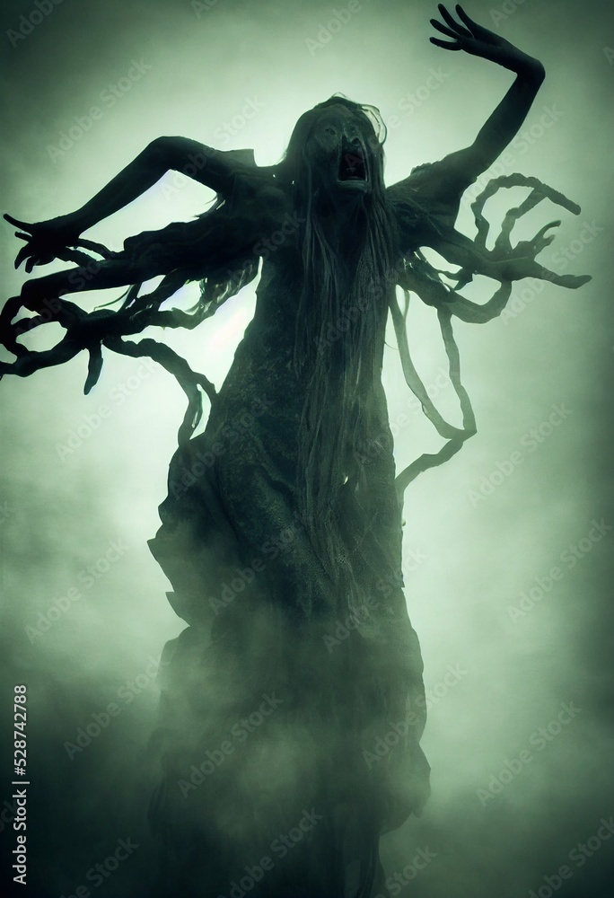 A computer illustration of scary sad female banshee spirit figure ghost morphing from a tee like ...