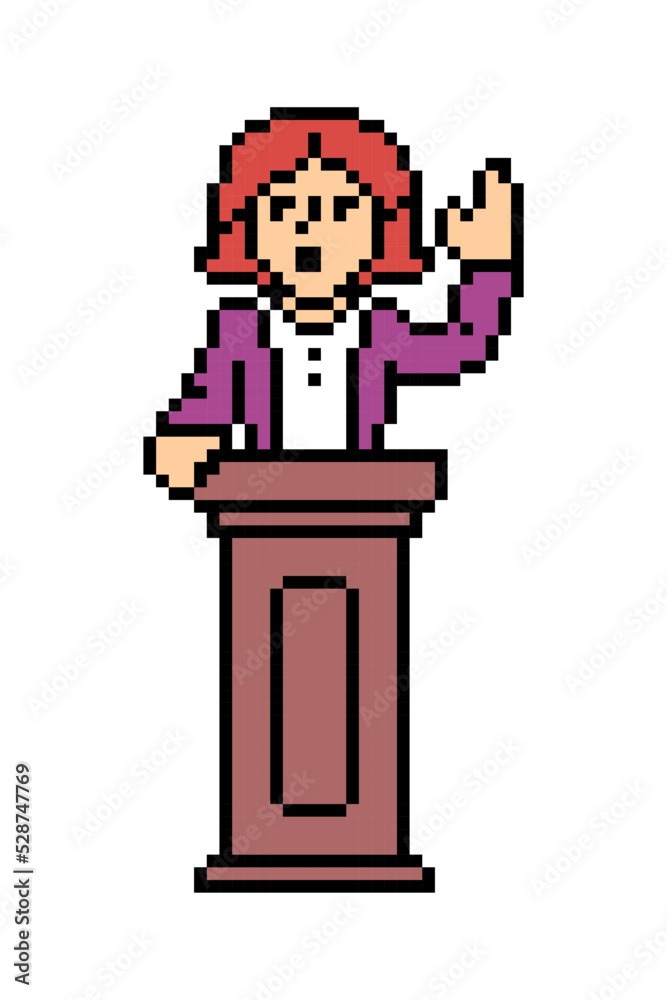 Female politician speaking standing at wooden debate podium, pixel art ...