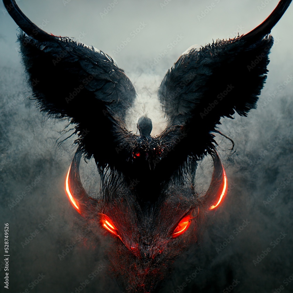 Demoniac entity with white angel winds. Fantasy concept art. Scary ...