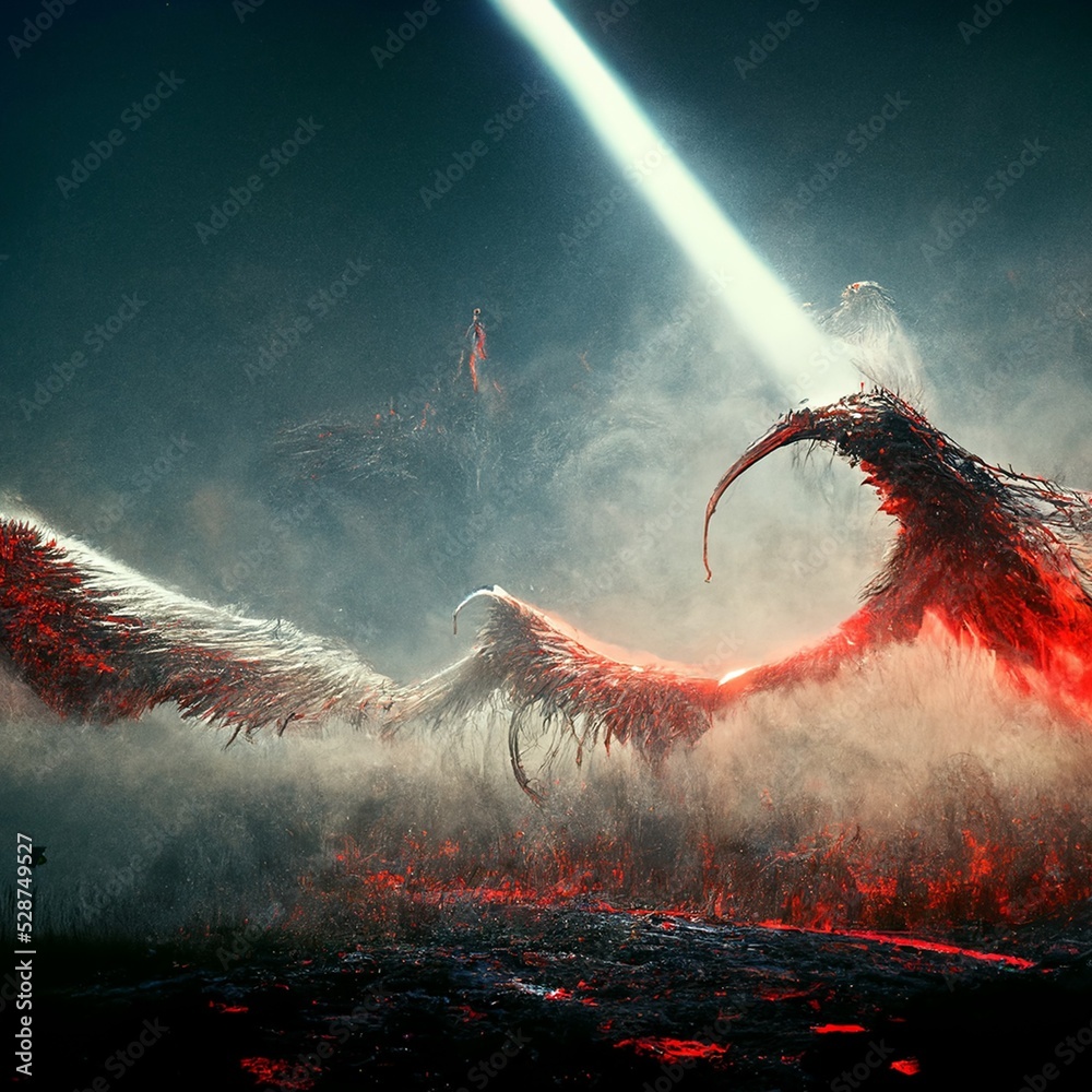 Demoniac entity with white angel winds. Fantasy concept art. Scary ...