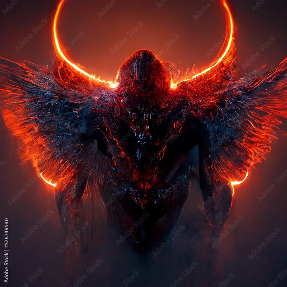 Demoniac entity with white angel winds. Fantasy concept art. Scary ...