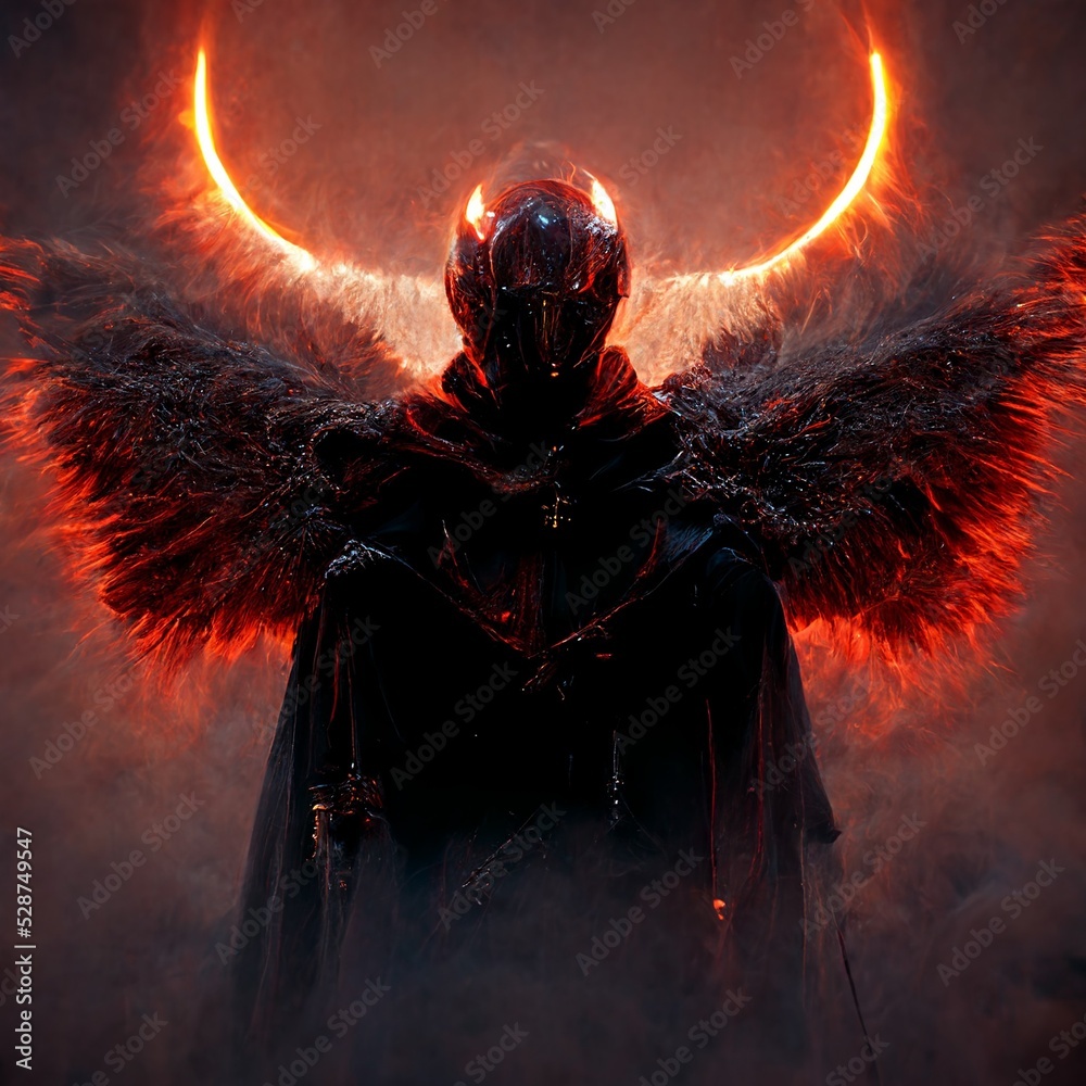 Demoniac entity with white angel winds. Fantasy concept art. Scary ...